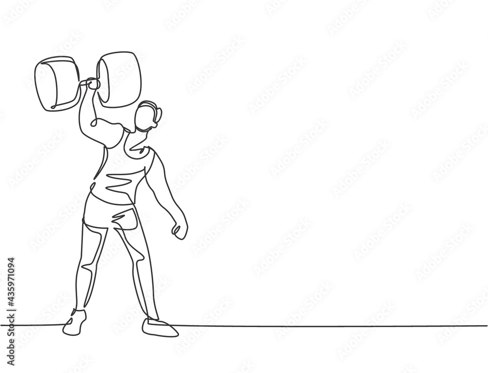 Single continuous line drawing strong people lift large dumbbells with ...