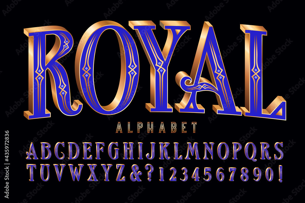Royal alphabet; an ornate gold and purple font with 3d effects and ...
