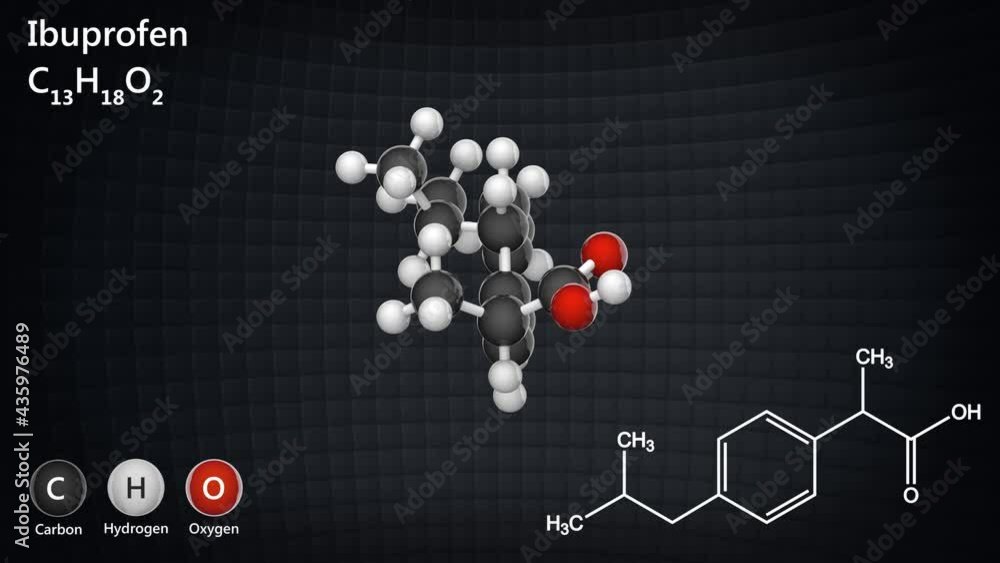 Ibuprofen (isobutylphenylpropionic acid) molecular structure and ...