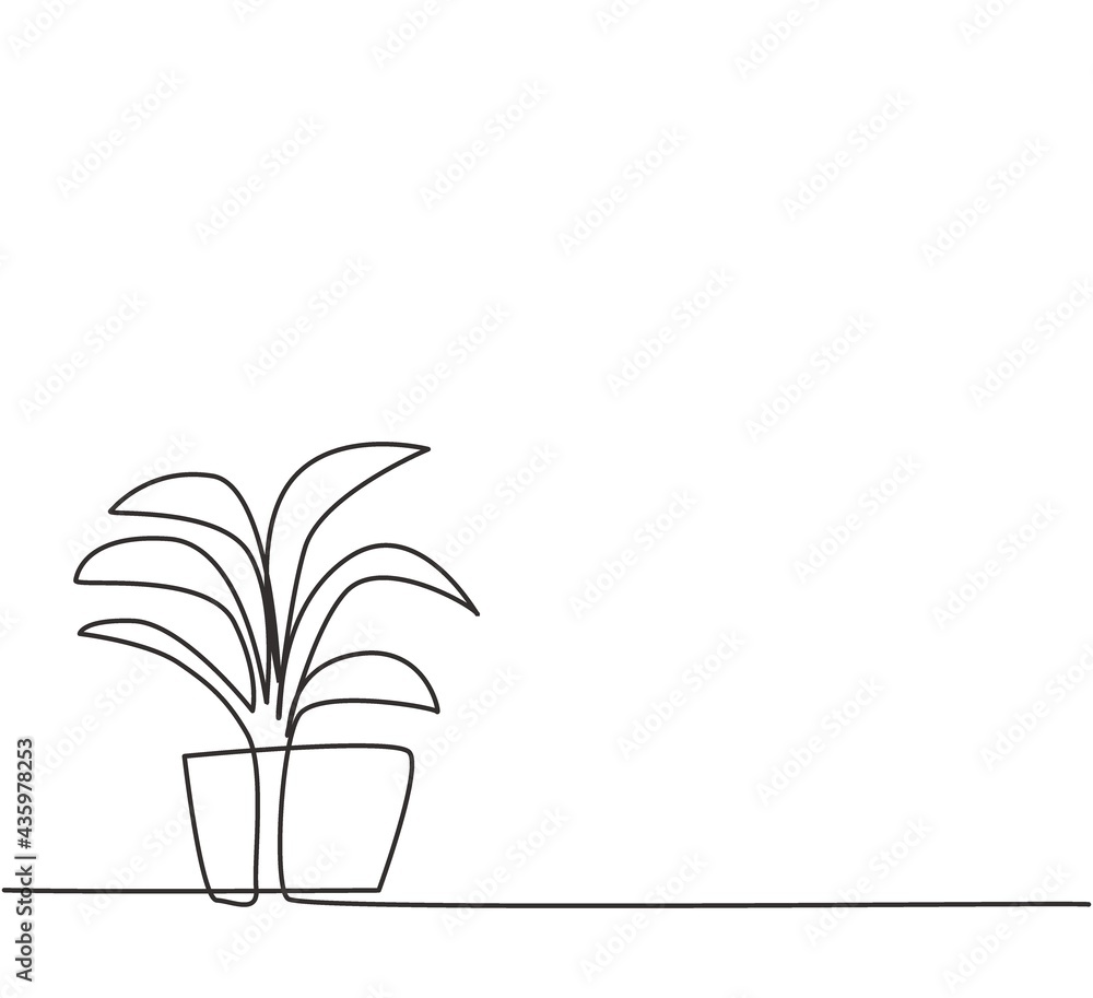 Single Continuous Line Drawing Potted Plants With Six Growing Leaves
