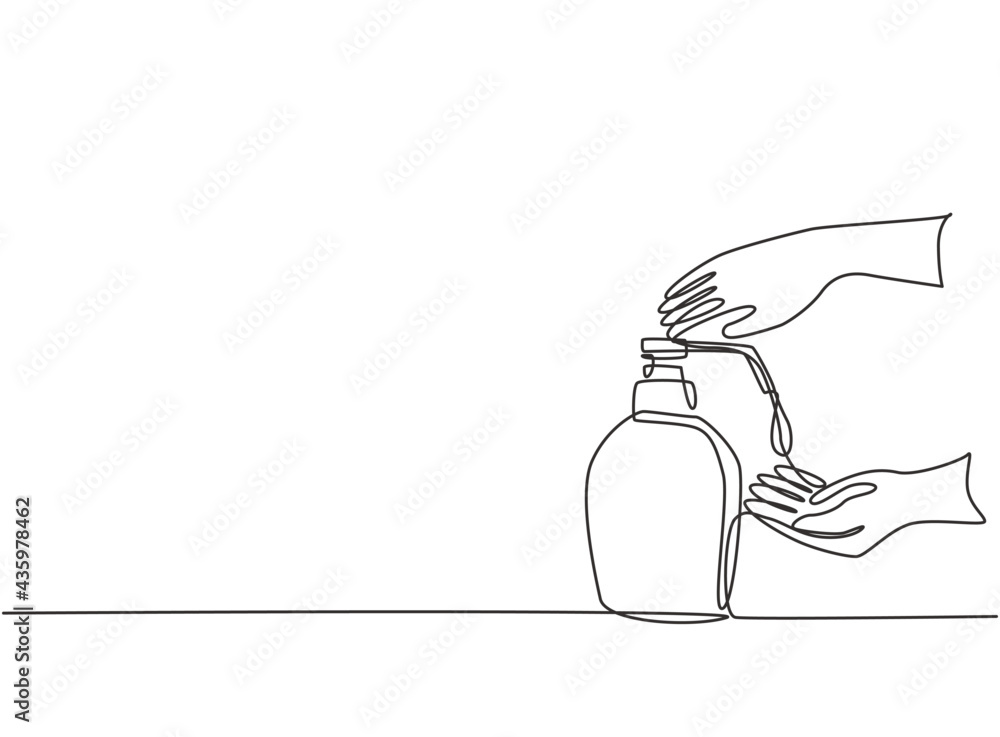 Single continuous line drawing hand sanitizer bottles containing ...
