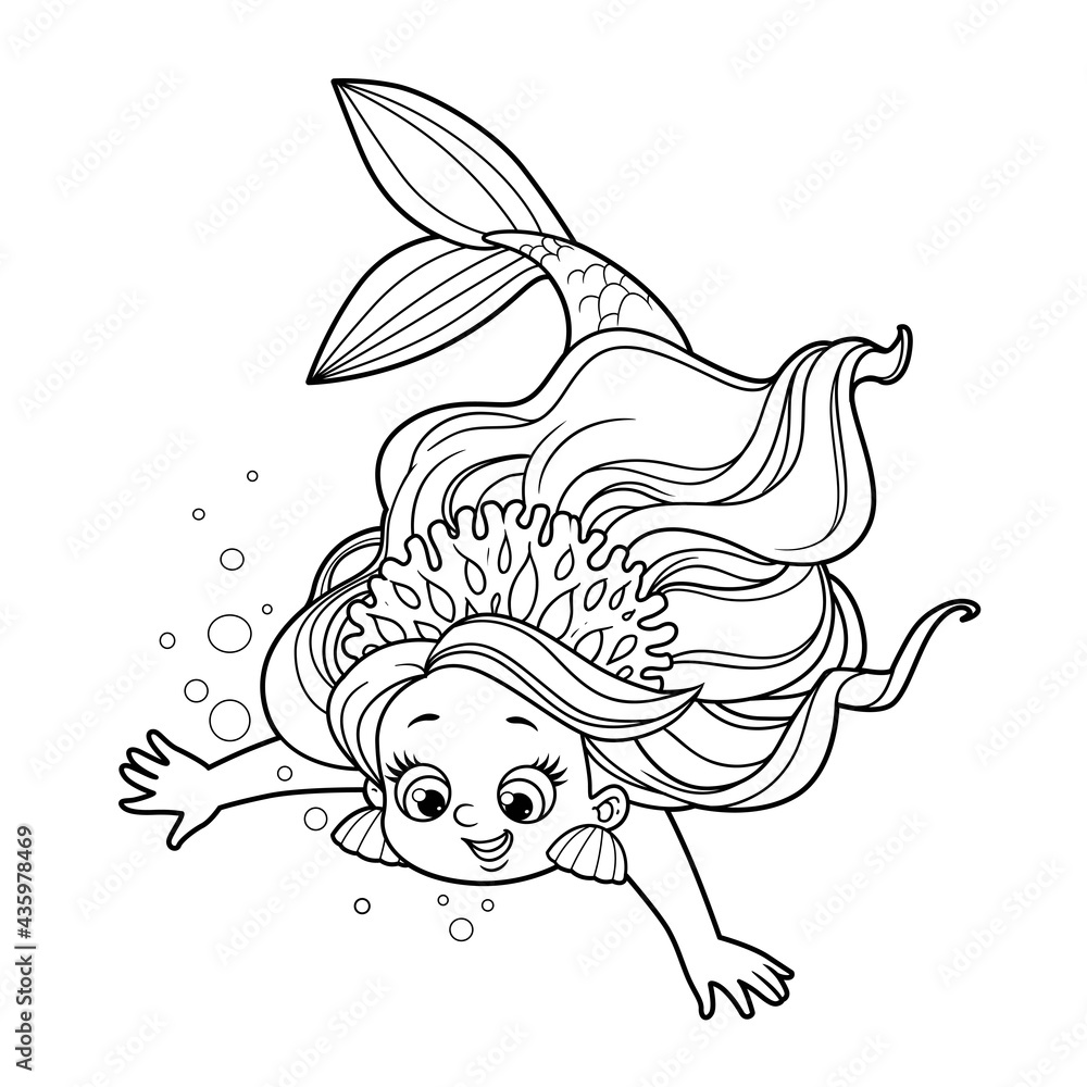 Cute little mermaid girl in coral tiara dives down outlined for ...