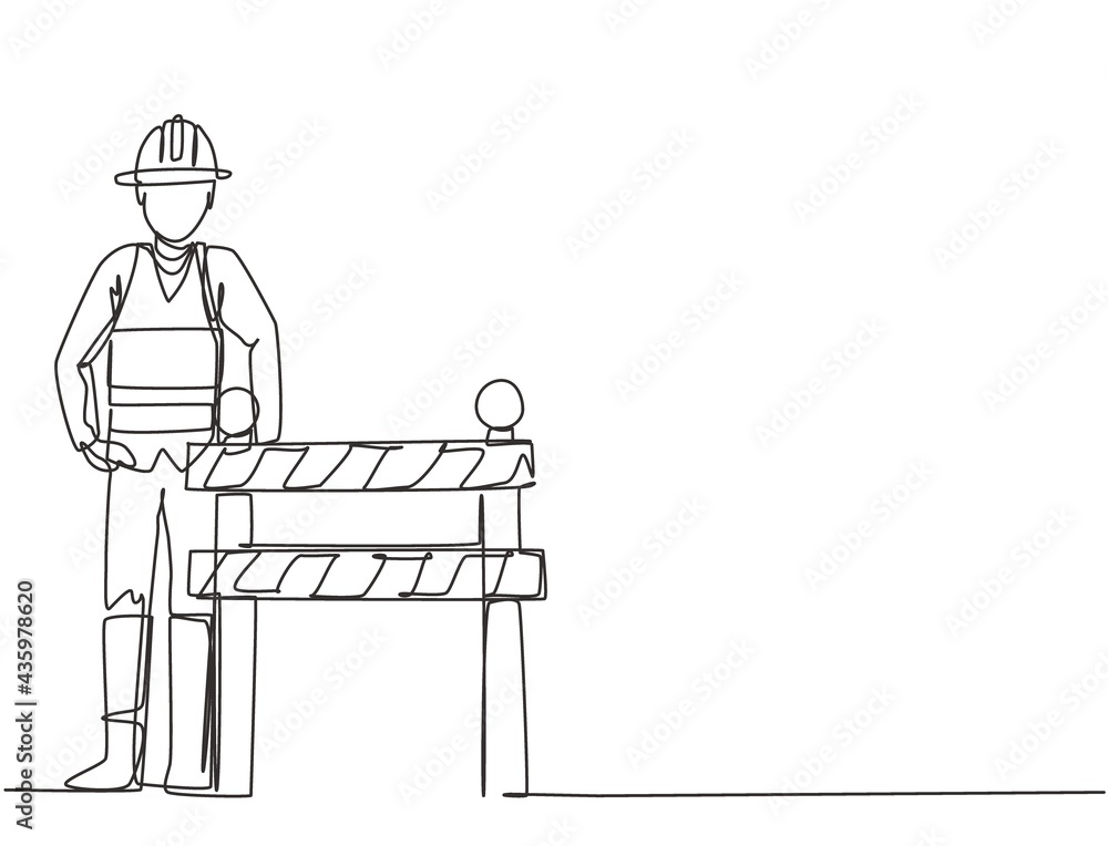 Continuous one line drawing a construction worker is standing next to ...