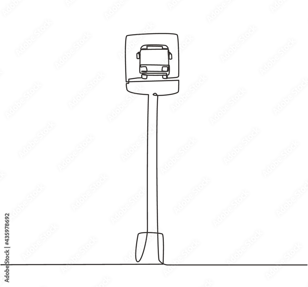 Single one line drawing of a bus stop with a simple bus sign located on ...