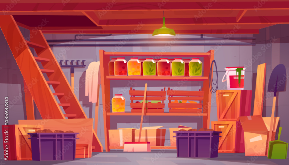 Storage room in house basement with food preserves on shelves, garden ...