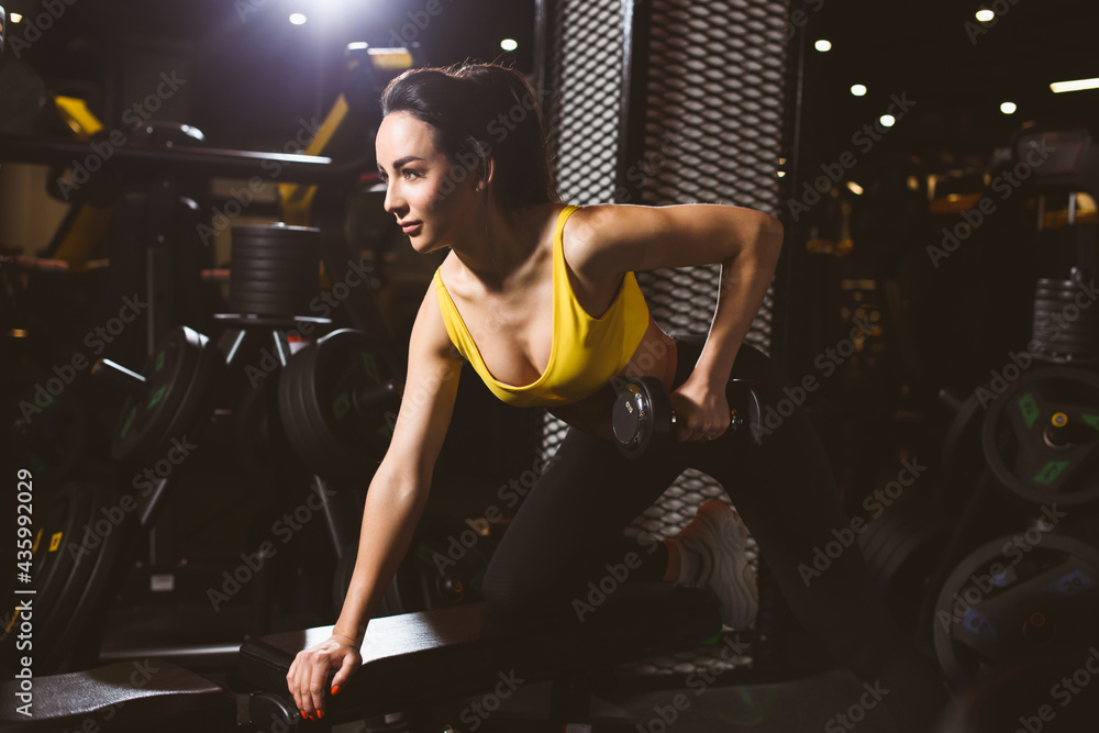 Athletic woman fitness model performs exercises with a dumbbell and ...