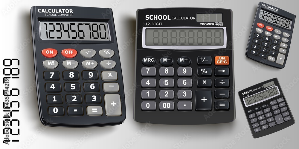 Calculator vector set. Office calculator in black color with School ...