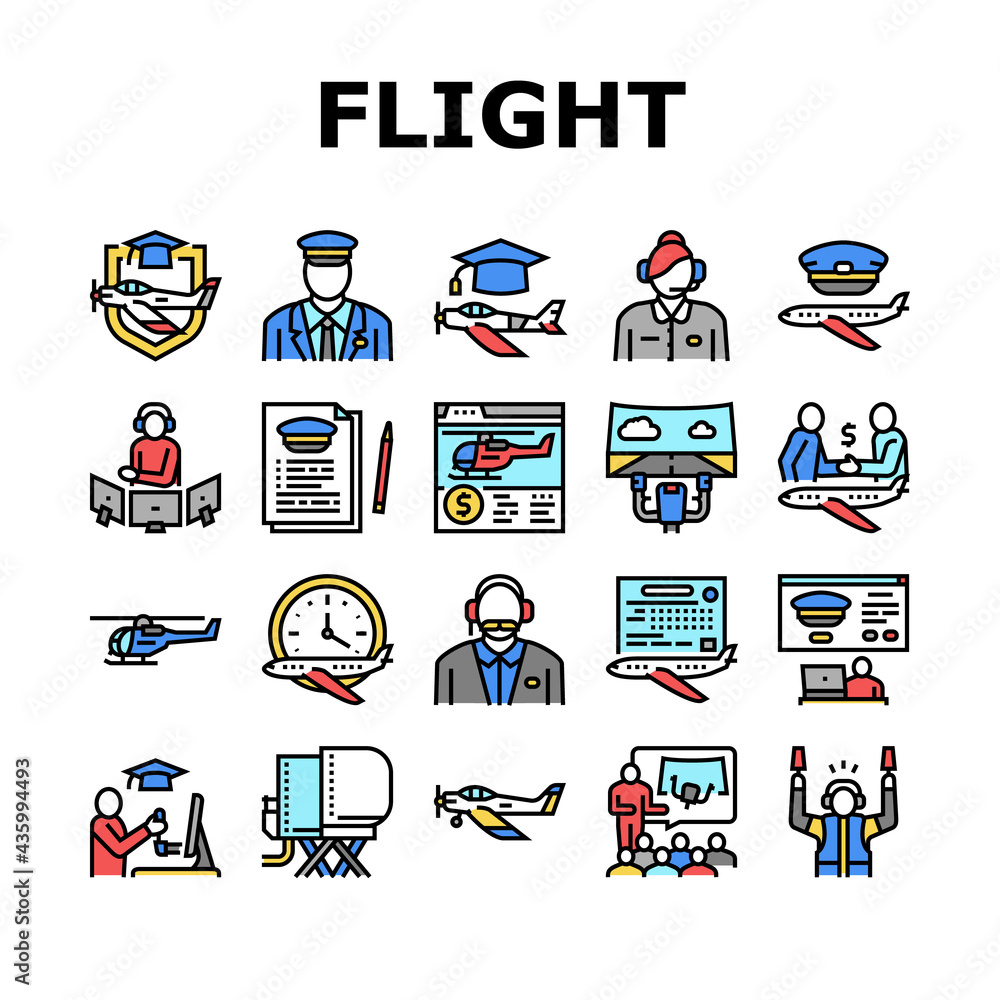 Flight School Educate Collection Icons Set Vector. Flight Courses ...