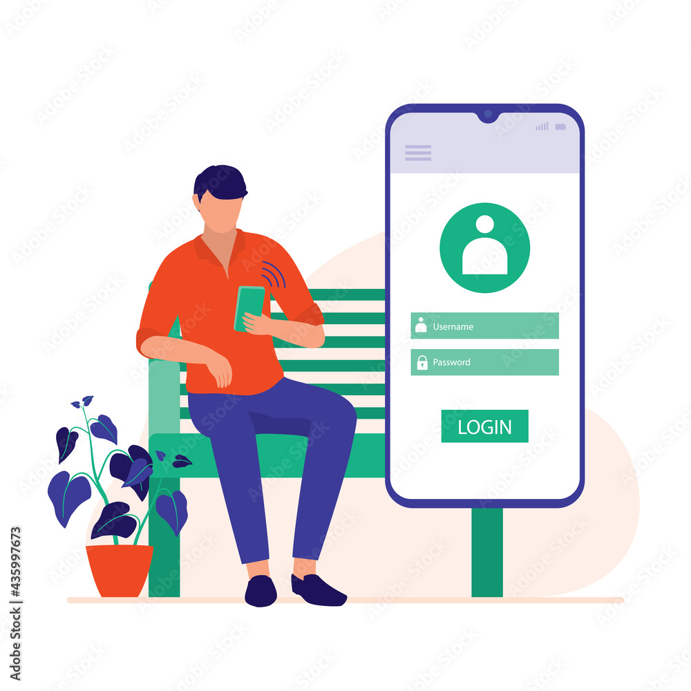Man Logging In Using His Mobile Phone In The Park. Login Concept ...