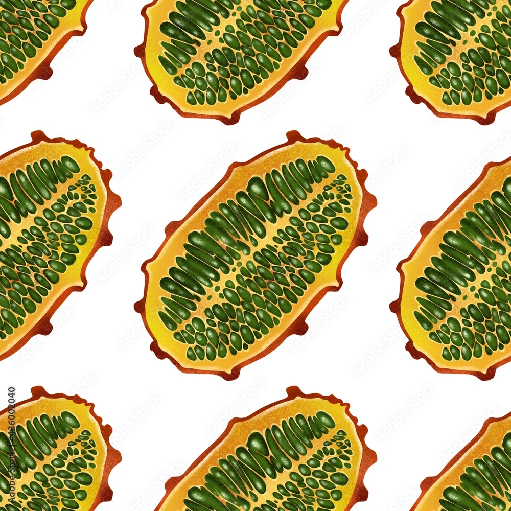 Hand drawing textured illustration of horned melon seamless pattern ...