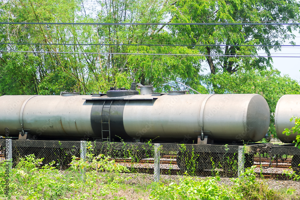 Set of tanks with oil and fuel transport by rail. Freight cars and ...