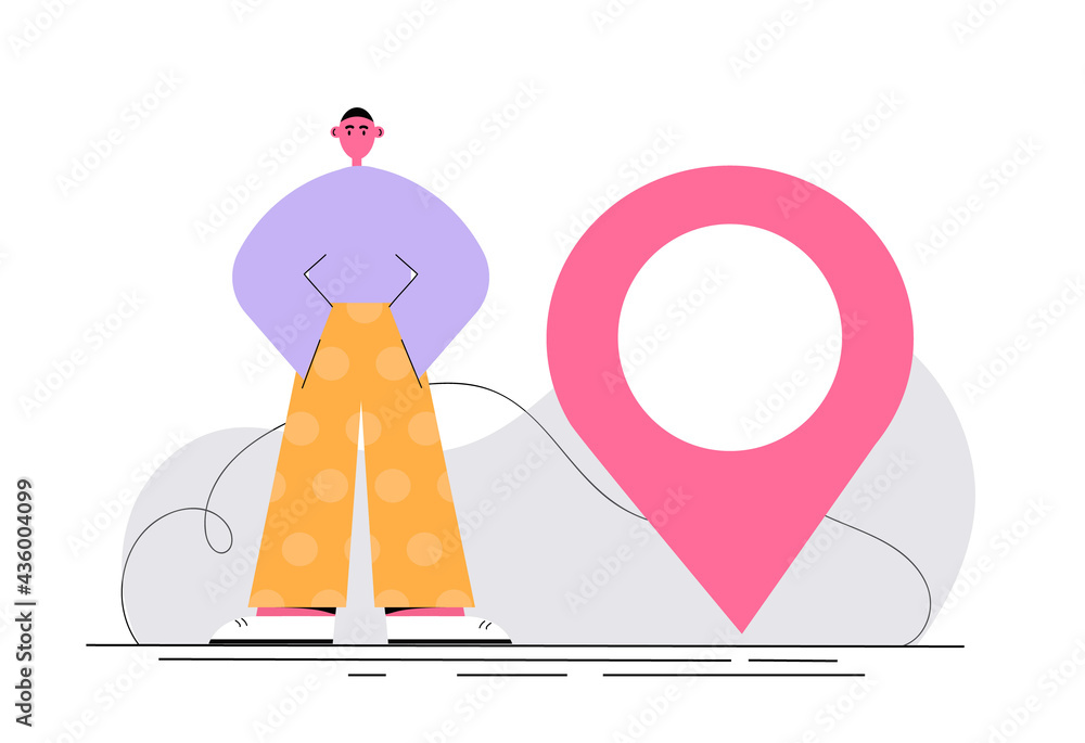 Vector illustration. A handsome guy stands next to a large sign on the ...