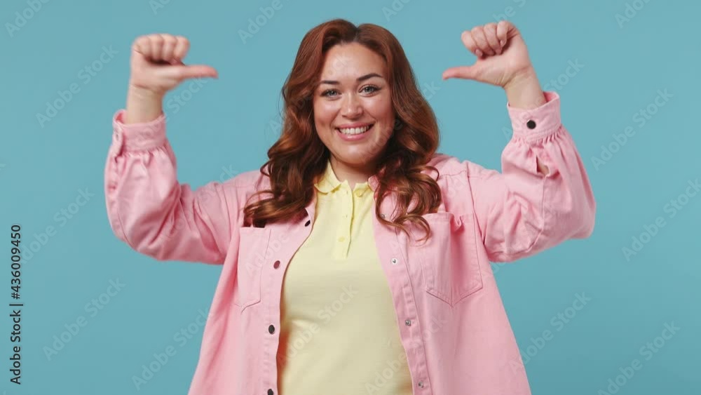 Confident redhead chubby overweight woman 20s years old in pink jacket ...