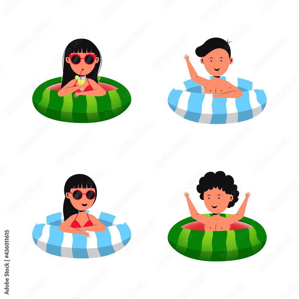 Set of four cartoon characters of kids playing and enjoying summer ...