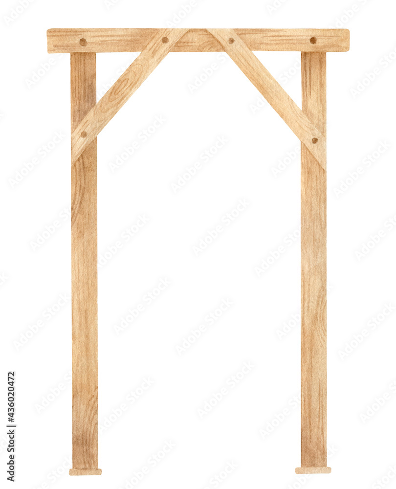 Watercolor wooden square arch. Hand drawn wedding arch with wood ...