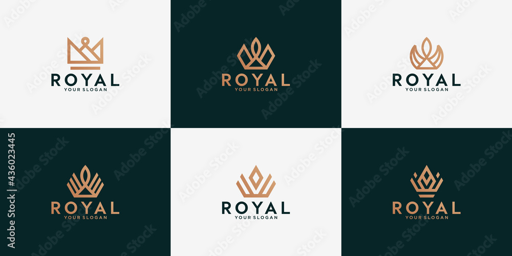 set of gold line style crown icon. queen kings royal luxury crown Stock ...