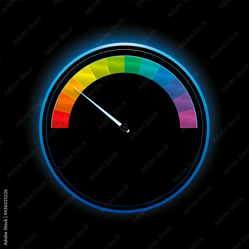 Speedometer, gauge with rainbow colored scale fields, colorful ...
