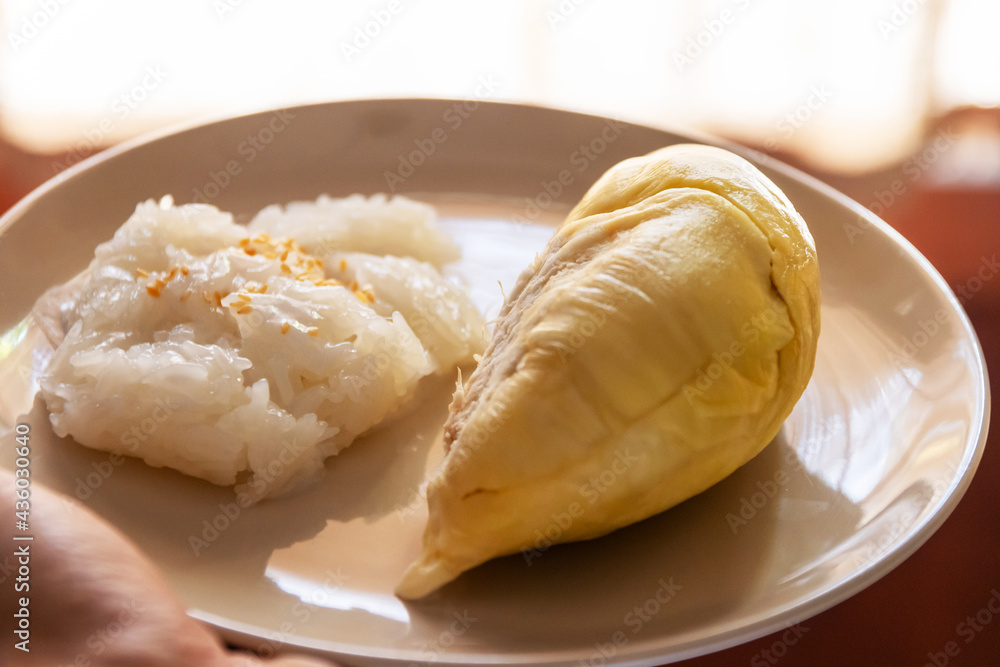 Thai sweet sticky rice with durian. Thai style tropical dessert ...