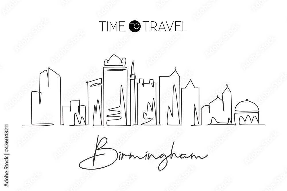 One continuous line drawing of Birmingham city skyline, Alabama ...