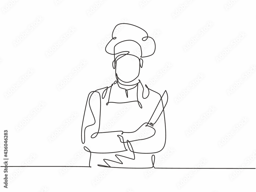 Single one line drawing of young confident handsome male chef holding ...