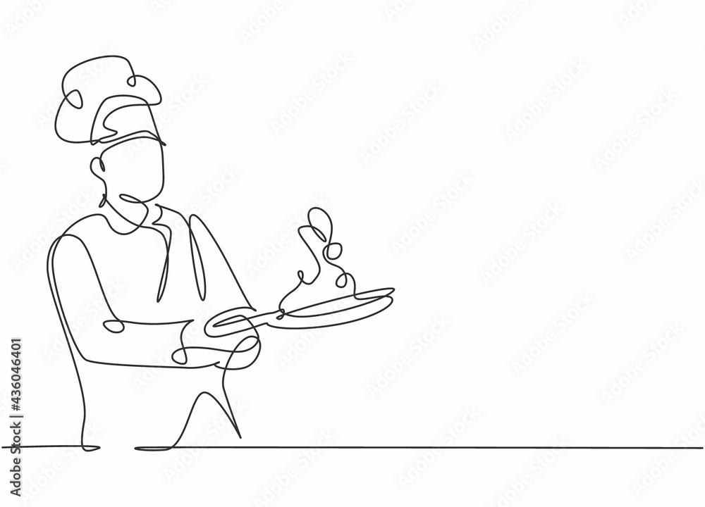 Single continuous line drawing of young confident handsome male chef ...