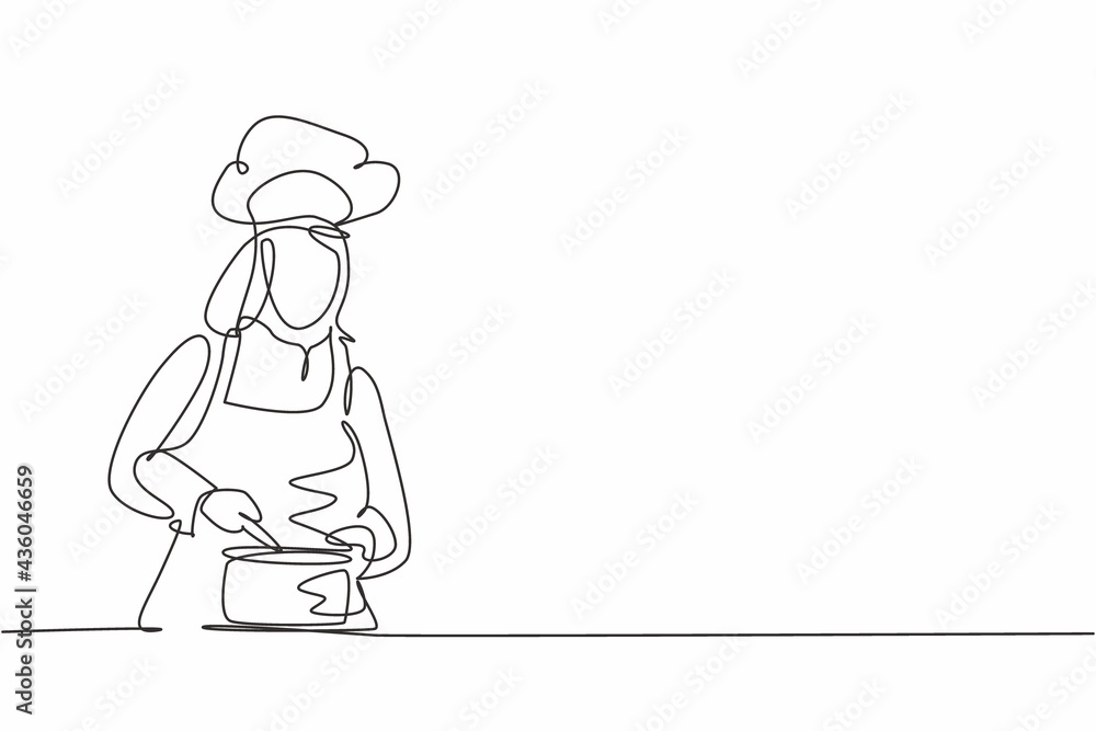 Single one line drawing of young beauty female chef stirring soup on ...