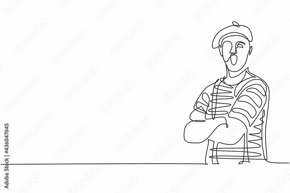 Single one line drawing of young male mime artist with stripped shirt ...