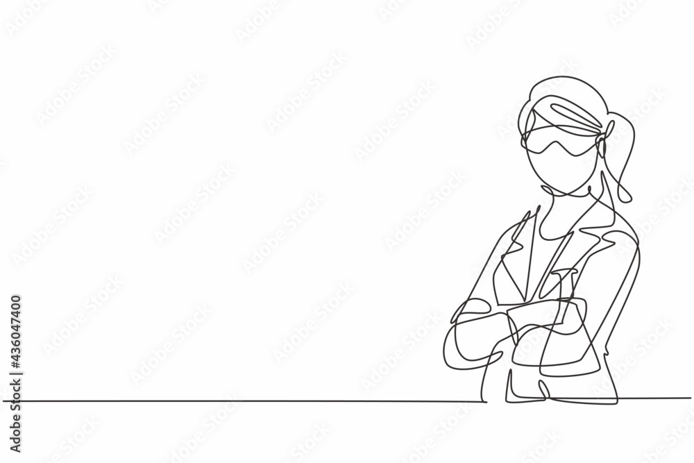 Single continuous line drawing young female scientist wearing goggling ...