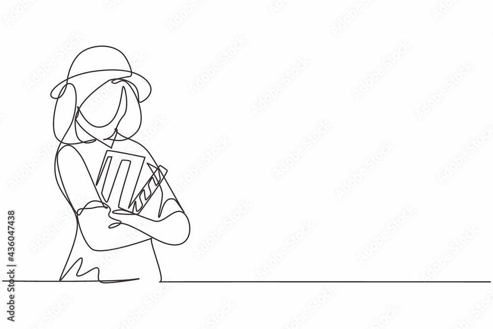Single continuous line drawing of young female film director cross arms ...