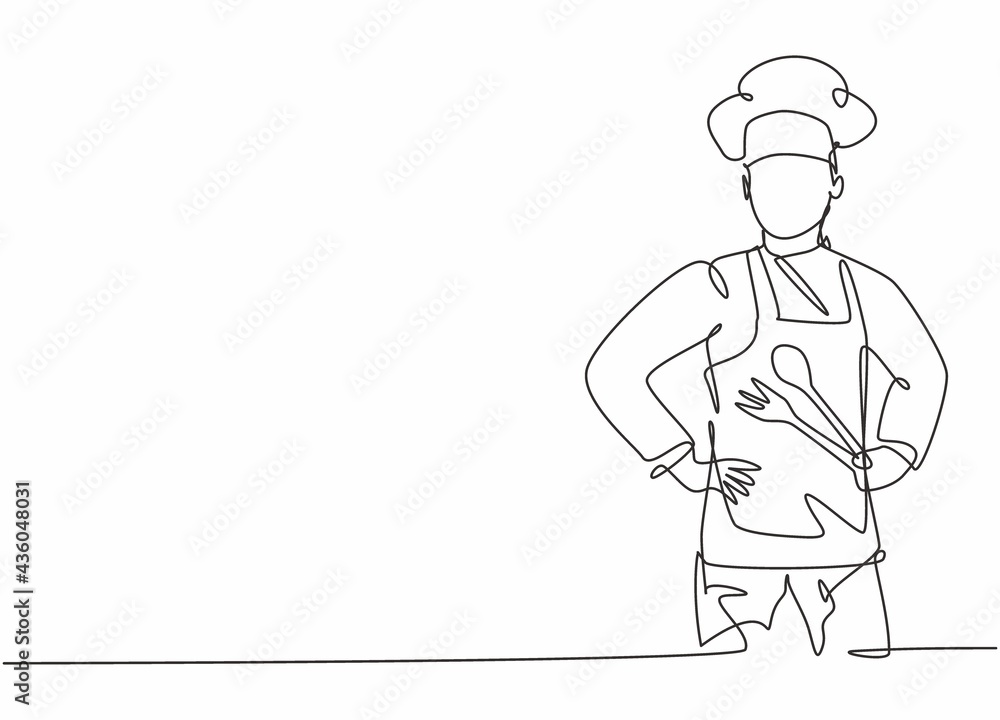 Continuous one line drawing of young male chef posing and holding spoon ...