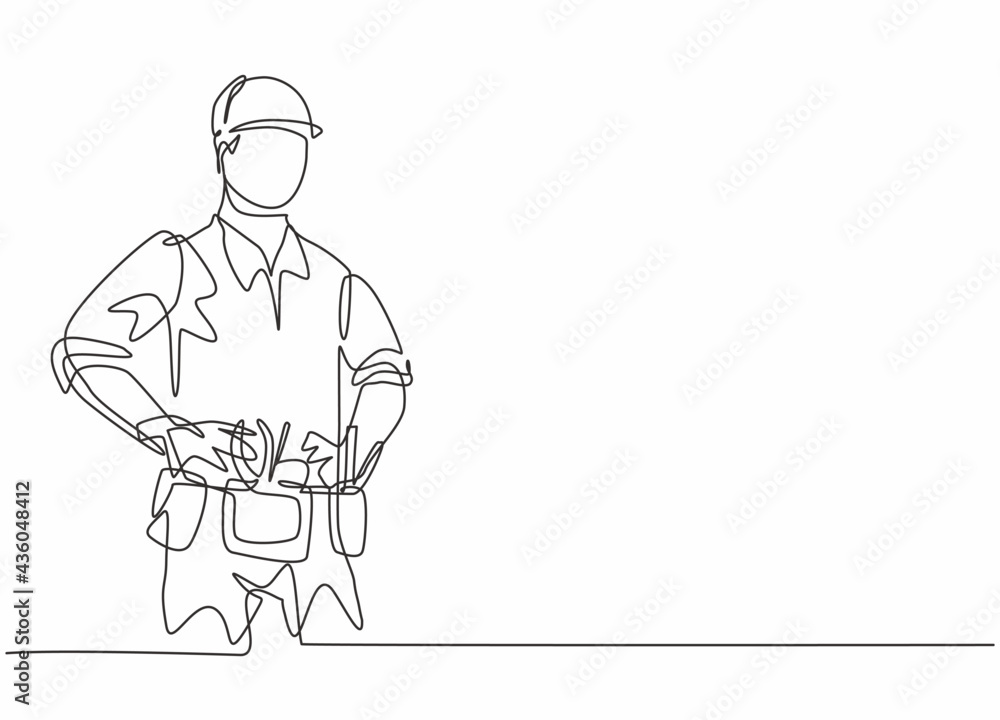 Single continuous line drawing of young handyman bringing equipment ...