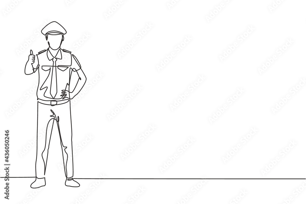 Single one line drawing of pilot stands with a thumbs-up gesture and ...