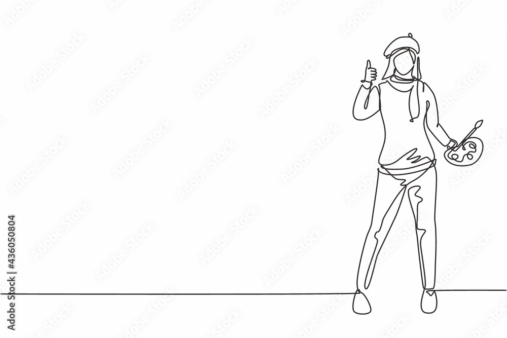 Single continuous line drawing woman painter stands with a thumbs-up ...