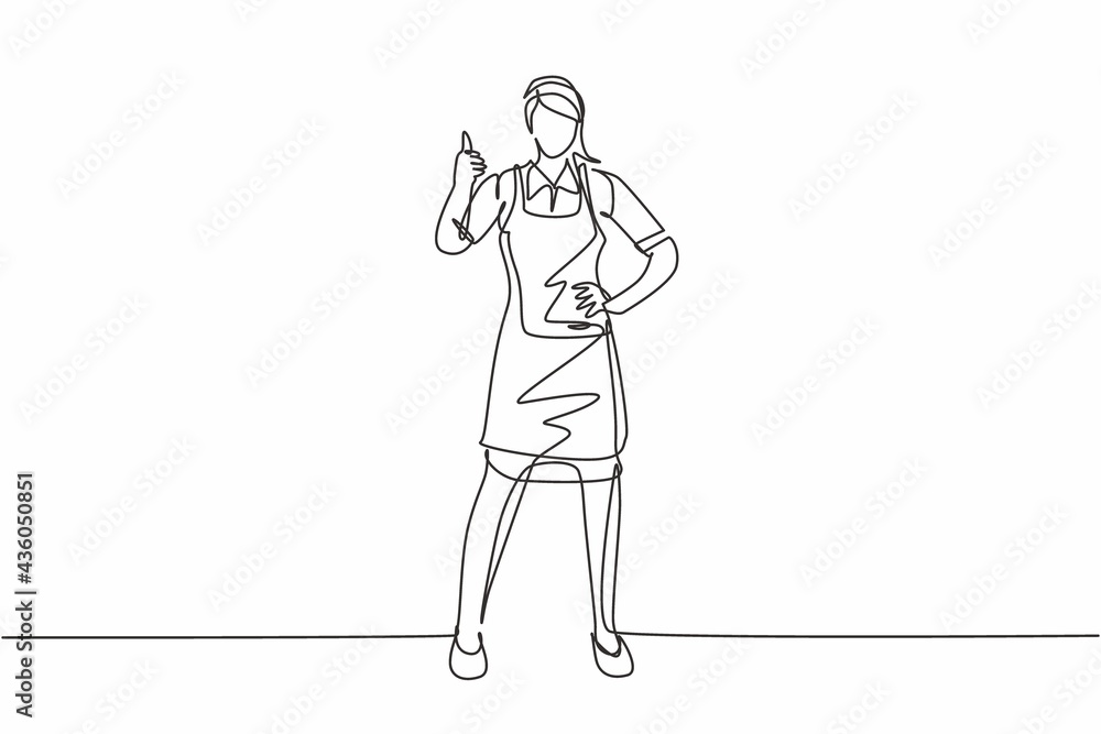 Continuous one line drawing maid in hotel stood with one hand on his ...