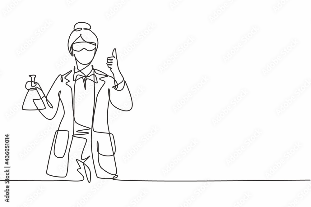 Single one line drawing of female scientist with a thumbs-up gesture ...