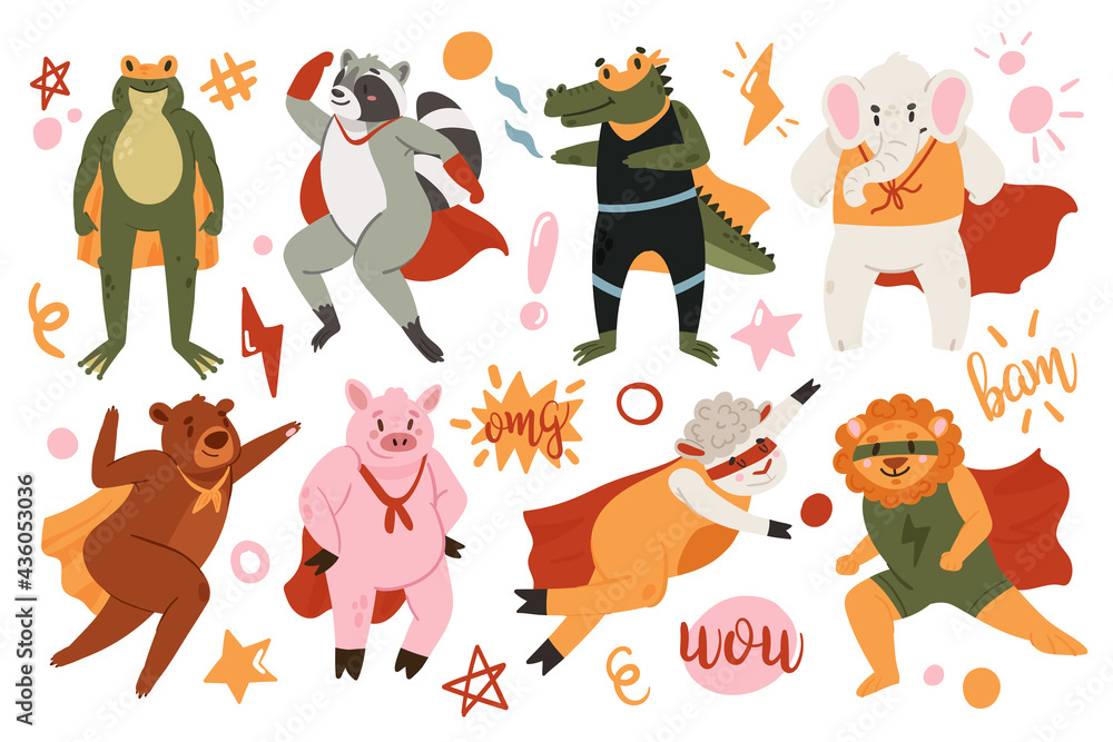 Superhero cute animals vector illustration set. Cartoon funny bear pig ...
