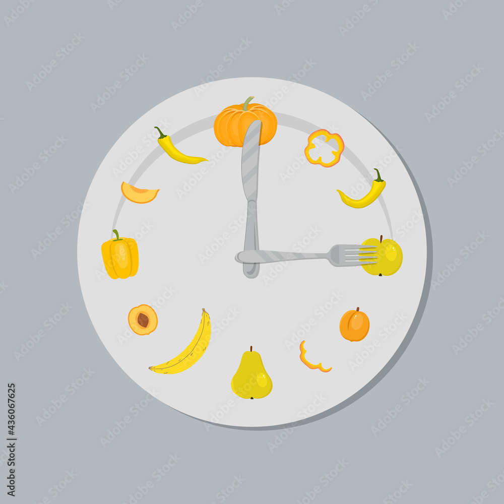 Vetor de Healthy food concept. Plate with a clock face, knife and fork ...