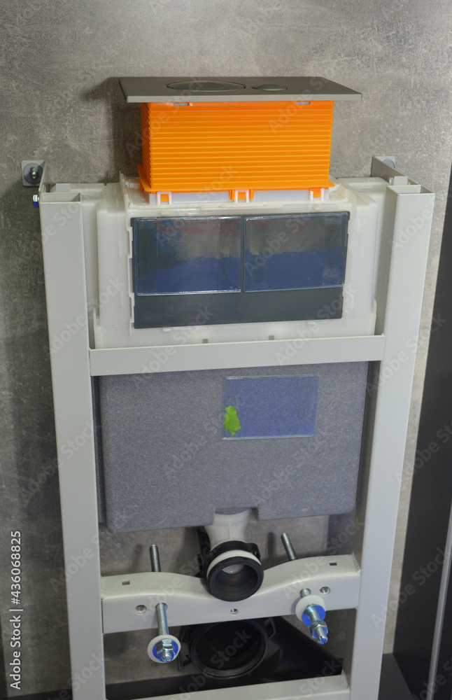 A wall-mounted toilet installation. A concealed toilet frame with a ...