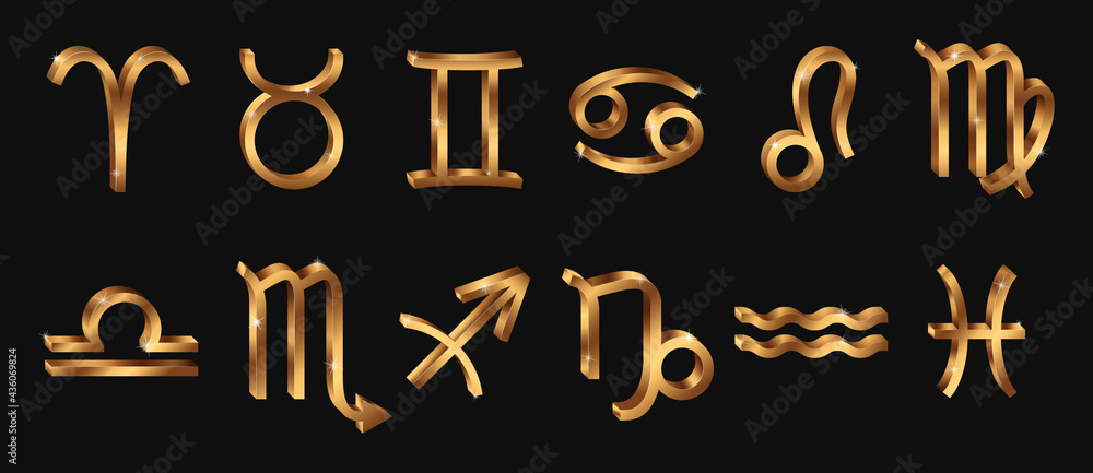 Vector realistic golden Zodiac signs. 3d Horoscope symbols. Shining ...