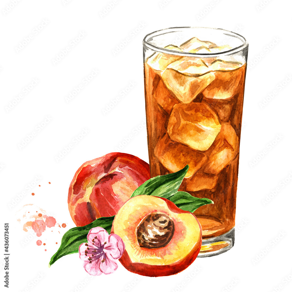 Glass of fruit ice tea with Peach. Watercolor hand drawn illustration ...