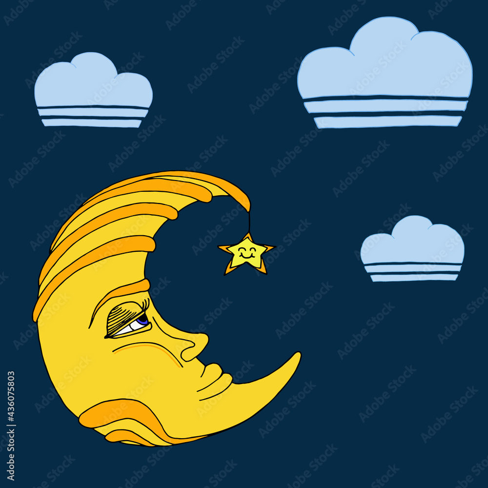 Pattern: moon in the night sky and clouds. Children's illustration ...