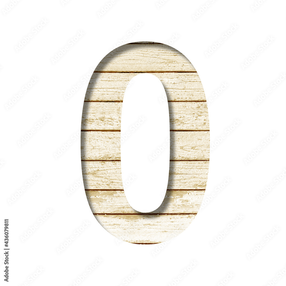 Plank wall font. The digit zero, 0 cut out of paper on a old plank wall ...