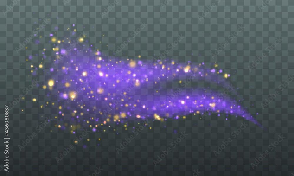 Set of blue, purple, glittering magic waves with gold particles ...