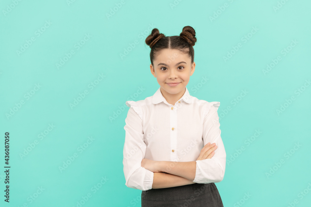 Confident in her knowledge. Happy girl child. Basic education. Back to ...