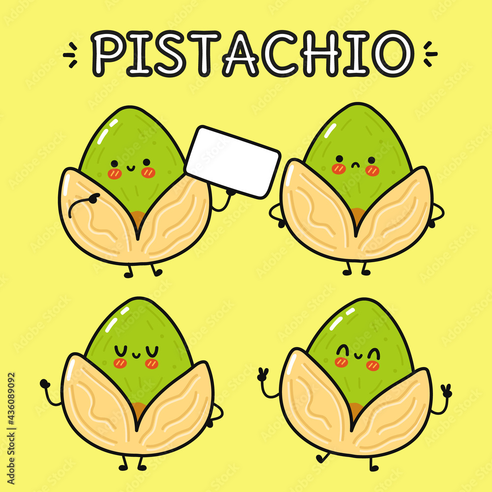 Funny cute happy pistachio characters bundle set. Vector kawaii line ...