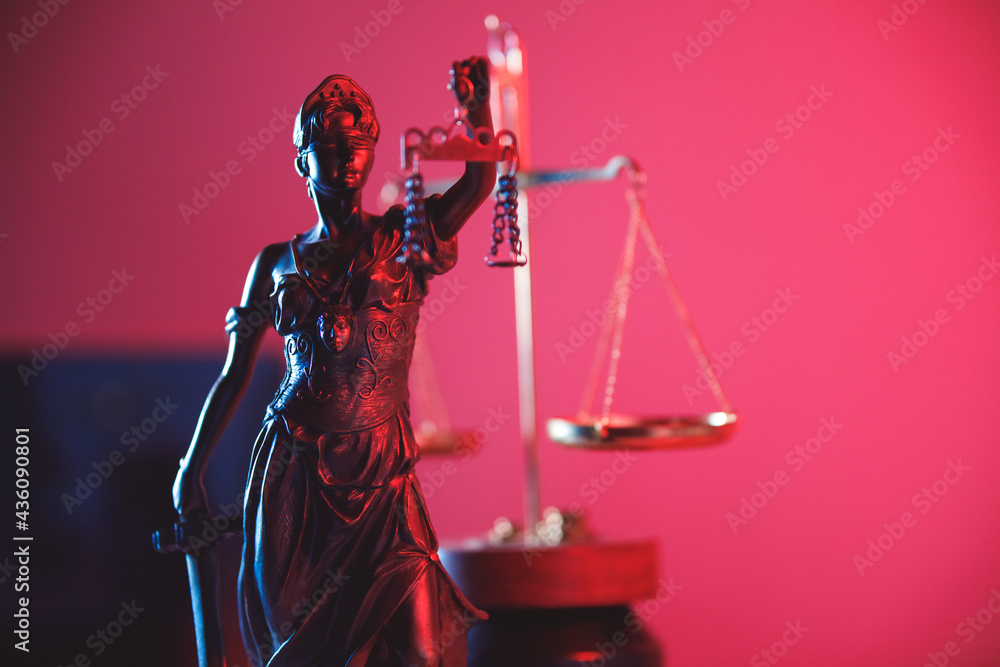 Statue of Lady Justice in red neon. Symbol of justice and law Stock ...