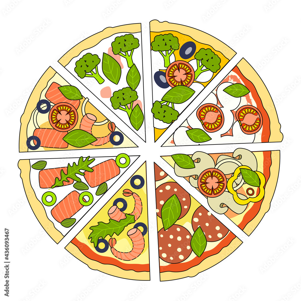 Mix pizza slices - cut assorted pizza isolated on white - top view ...