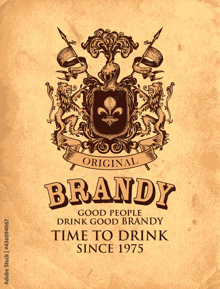 Hand-drawn banner or label for Brandy with ornate coat of arms on an ...
