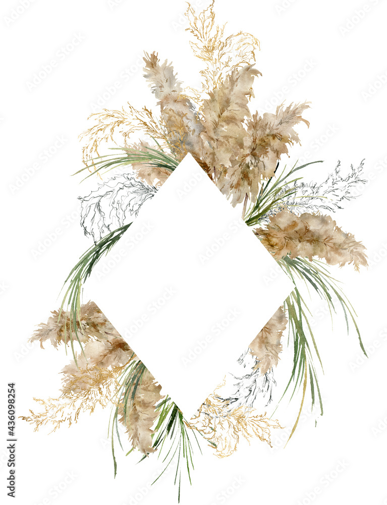 Watercolor tropical frame of gold, black and green pampas grass. Hand ...