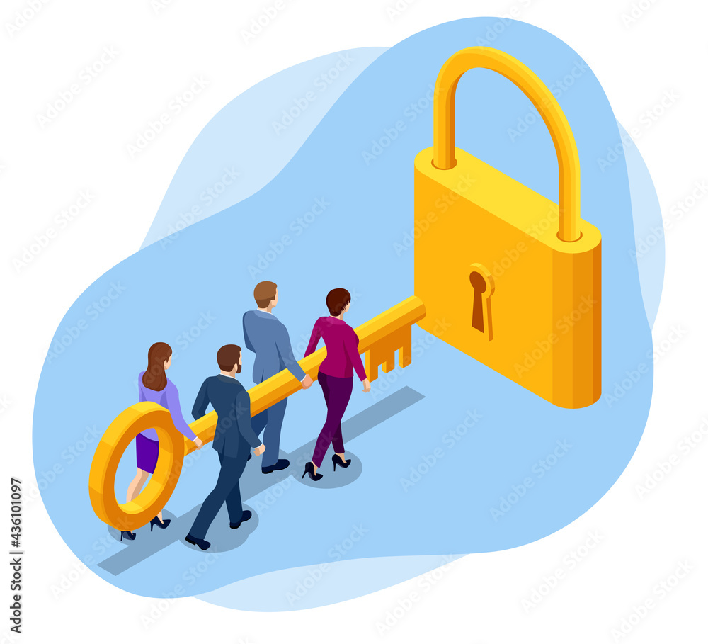 Isometric business people with key and clouds with keyholes. successful ...